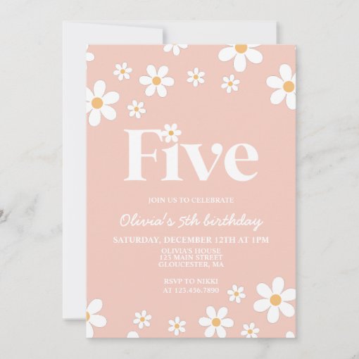 Retro Daisy Five Floral 5th Birthday Invitation | Zazzle