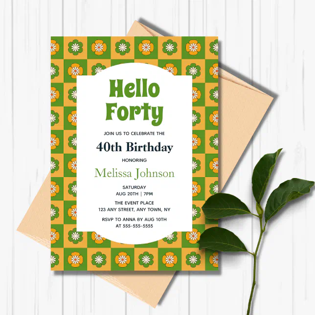 Retro Daisy Floral Checkered Hello Forty Birthday Invitation | Zazzle