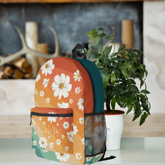 Retro Daisy Floral Rainbow | Monogram Printed Backpack | Zazzle