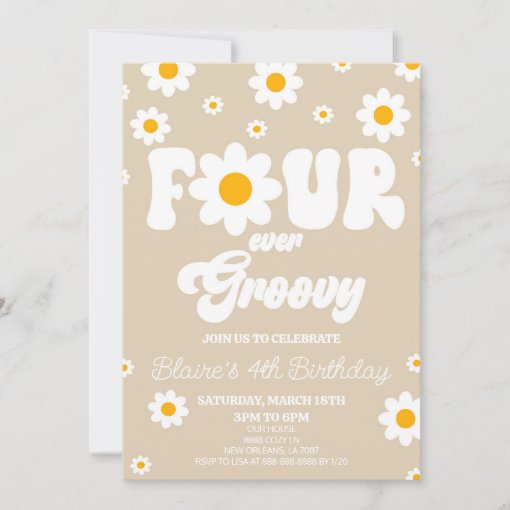 Retro Daisy Four Ever Groovy 4th Birthday Party Invitation | Zazzle