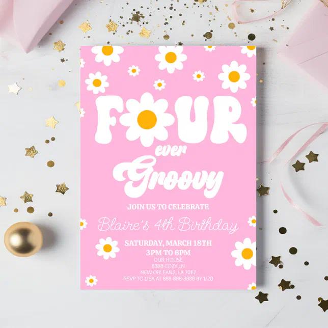 Retro Daisy Four Ever Groovy 4th Birthday Party Invitation | Zazzle