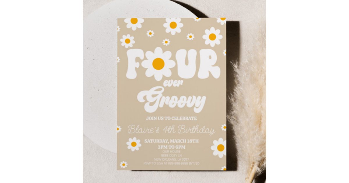 Retro Daisy Four Ever Groovy 4th Birthday Party Invitation | Zazzle