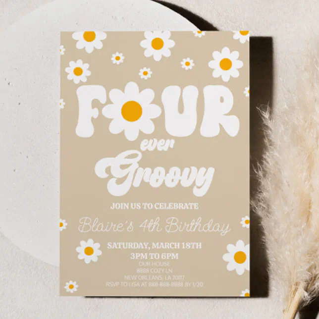 Retro Daisy Four Ever Groovy 4th Birthday Party Invitation | Zazzle