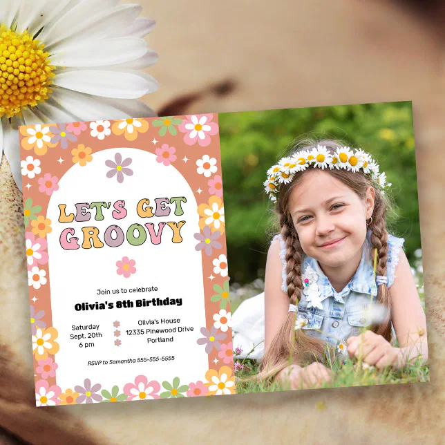 Retro Daisy Groovy Girl's Photo Birthday Party Invitation | Zazzle