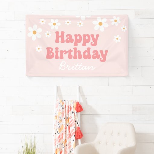 Retro Daisy Pink Happy Birthday Banner | Zazzle