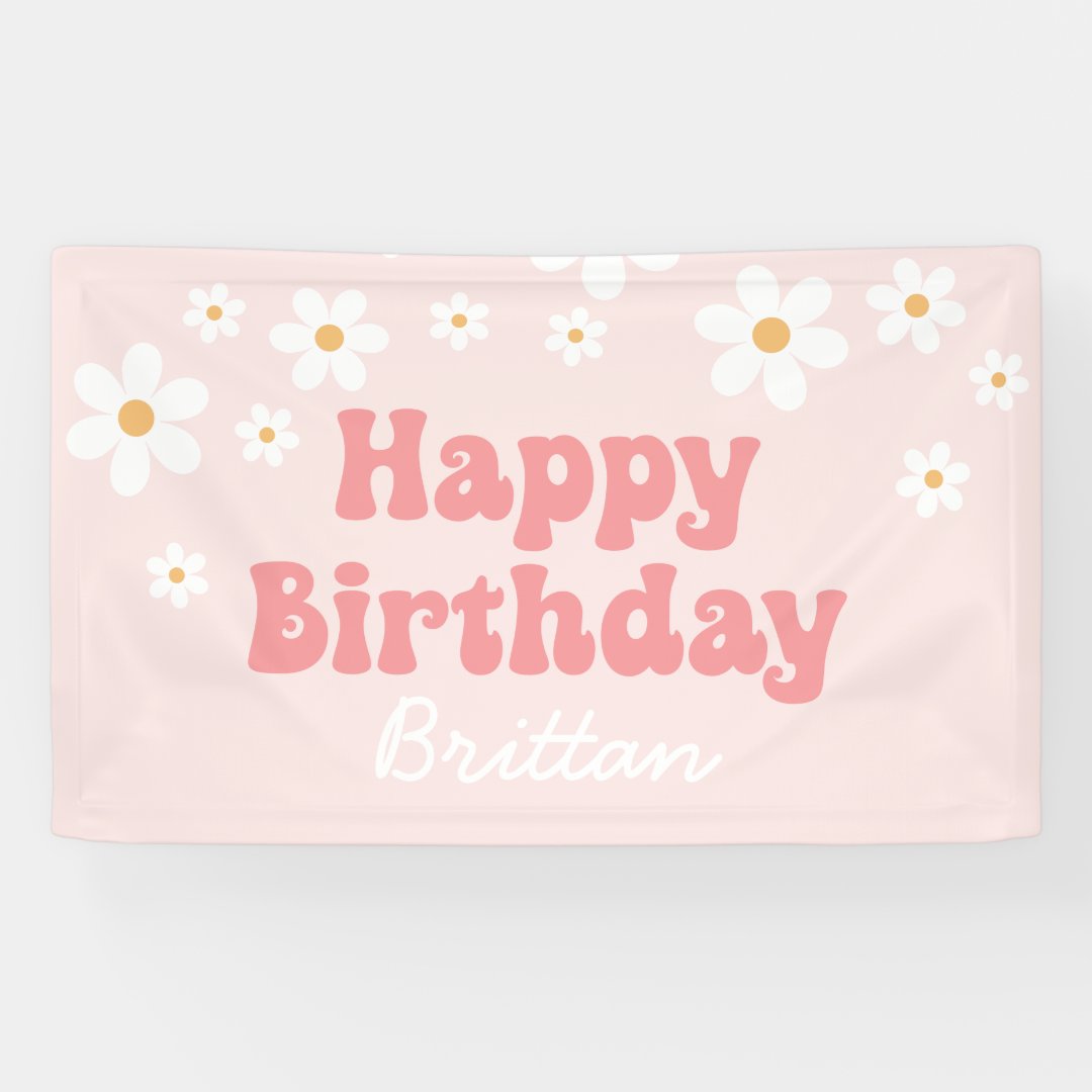 Retro Daisy Pink Happy Birthday Banner | Zazzle