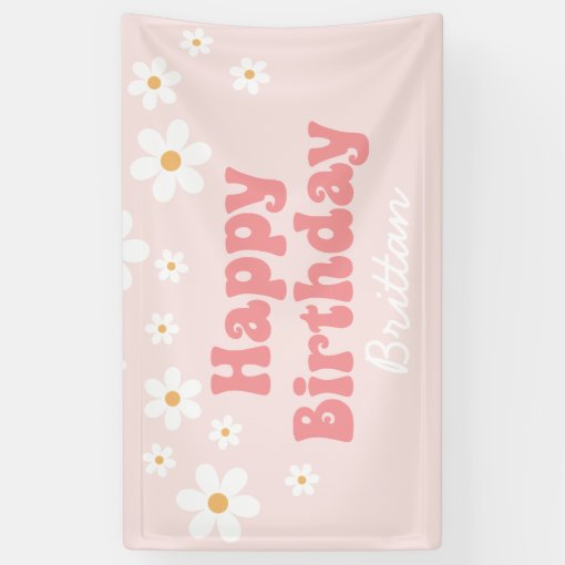 Retro Daisy Pink Happy Birthday Banner | Zazzle