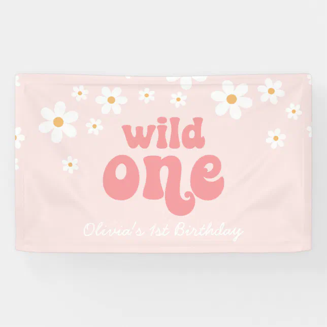 Retro Daisy Pink Wild One 1st Birthday Banner | Zazzle