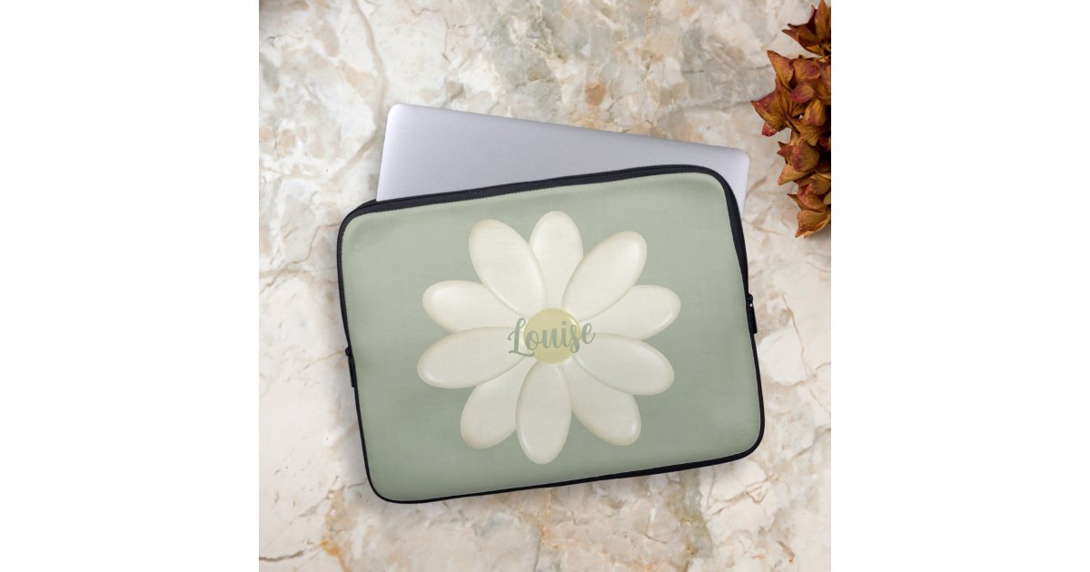 Retro Daisy Sage Green Custom Name Laptop Sleeve | Zazzle
