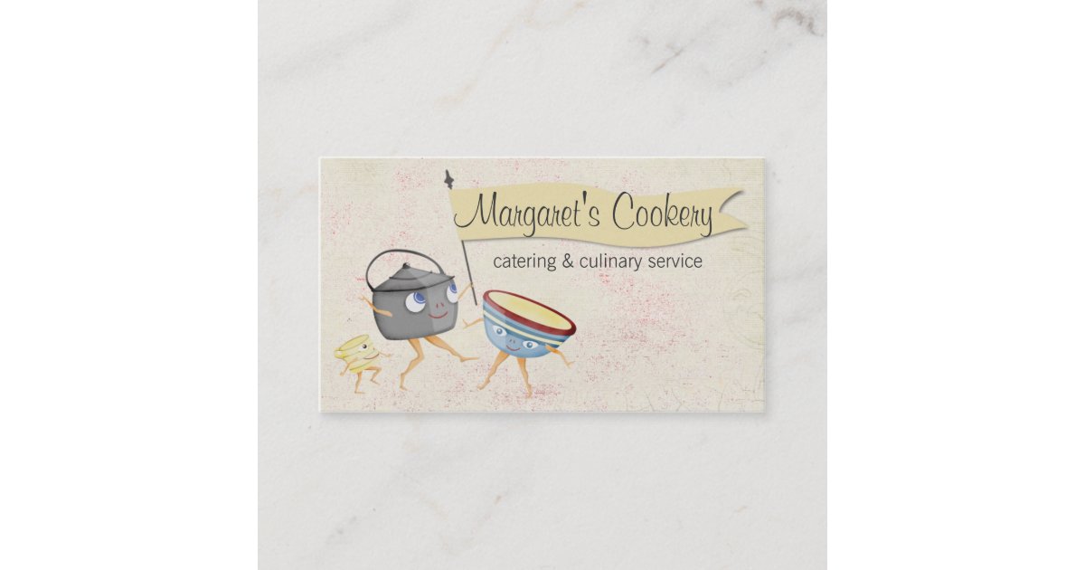 Retro dancing cooking pots utensils biz card | Zazzle