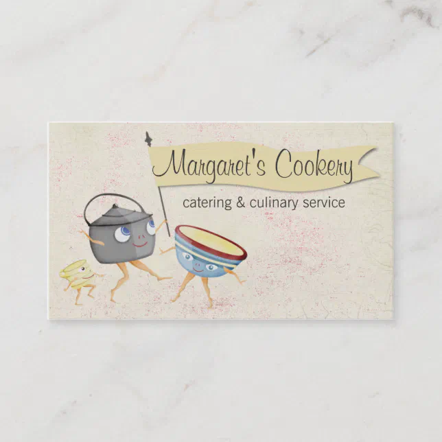 Retro dancing cooking pots utensils biz card | Zazzle