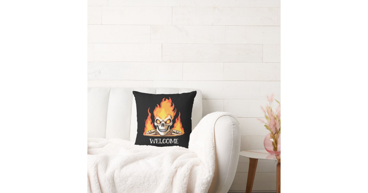 Retro Dead Burning skeleton Skull in Fire DIY Name Throw Pillow | Zazzle
