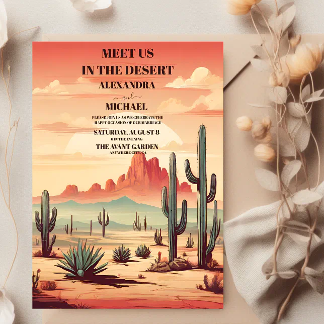 Retro Desert Cactus Illustrated Wedding Invitation | Zazzle