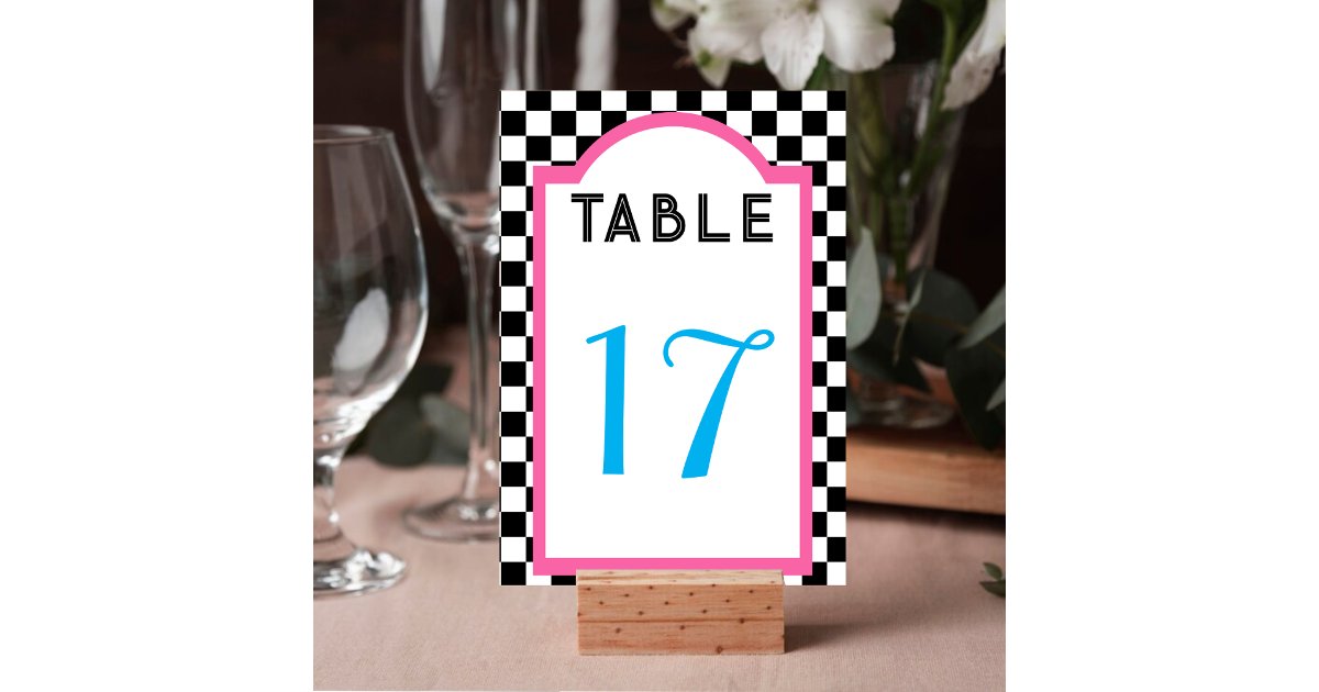 Retro Diner Checkerboard Pink Blue Black & White Table Number | Zazzle