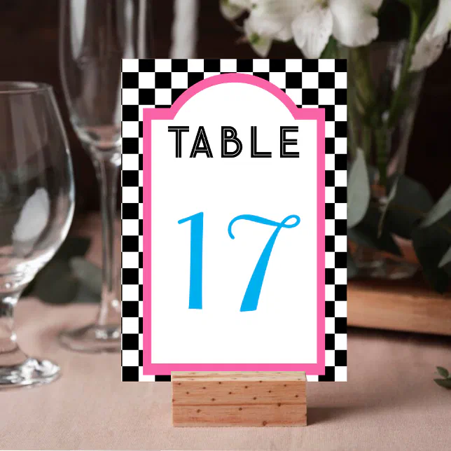 Retro Diner Checkerboard Pink Blue Black & White Table Number | Zazzle