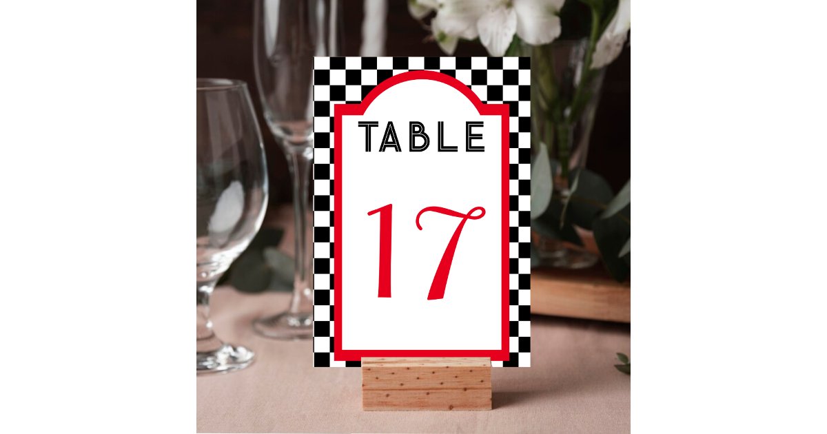 Retro Diner Checkerboard Red Black & White Table Number | Zazzle