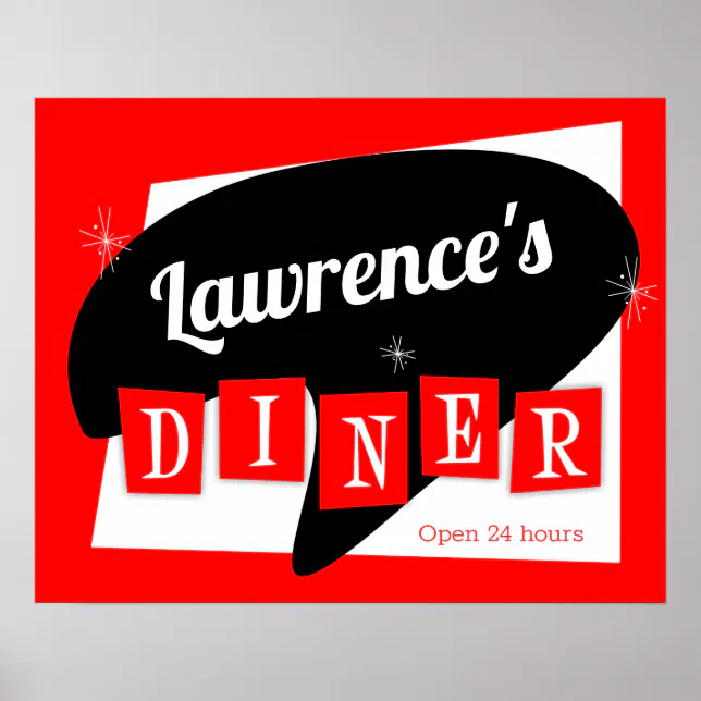 Retro Diner Red and Black Starburst Custom Kitchen Poster | Zazzle