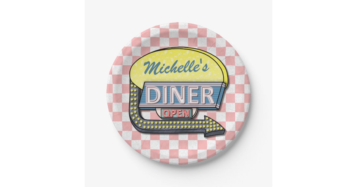 Retro Diner Sign 50s Pink Checkered Personalized Paper Plates | Zazzle