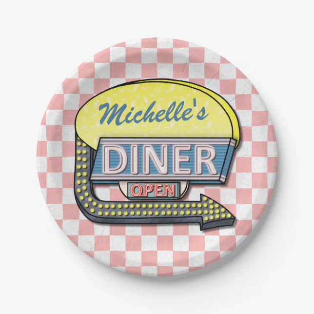 Retro Diner Sign 50s Pink Checkered Personalized Paper Plates | Zazzle
