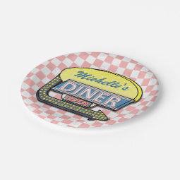 Retro Diner Sign 50s Pink Checkered Personalized Paper Plates | Zazzle