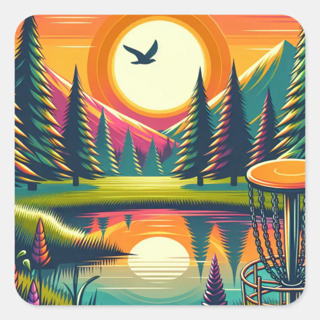 Retro Disc Golf Sunset and Trees Square Sticker | Zazzle