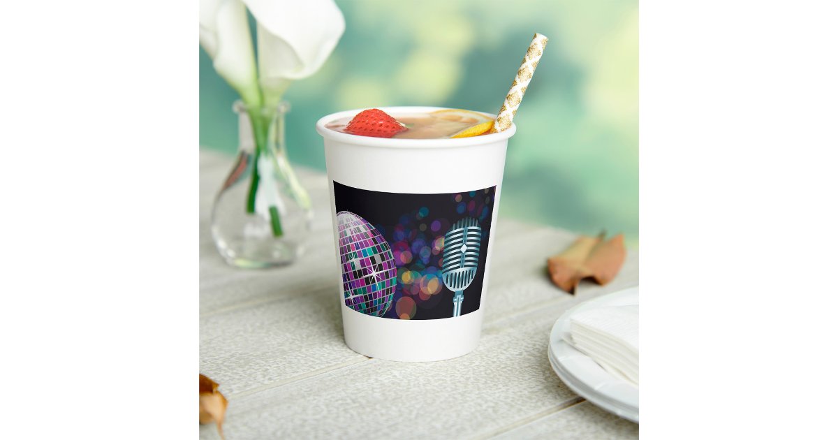 Retro Disco Ball and Vintage Microphone Paper Cups | Zazzle