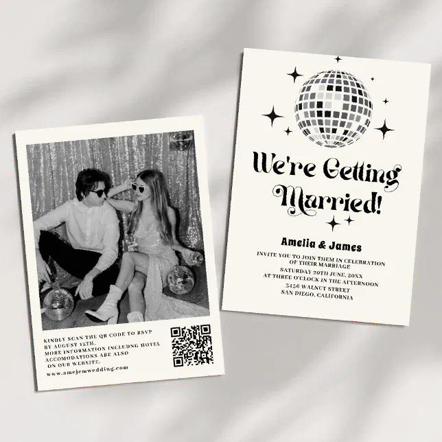 Retro Disco Ball Black White QR Code Wedding Invitation | Zazzle