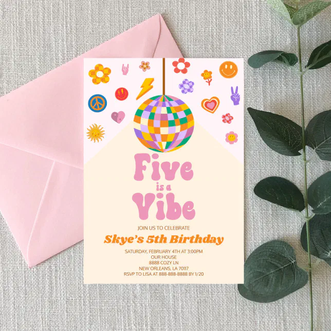 Retro Disco Ball Five Is A Vibe 5th Birthday Party Invitation | Zazzle