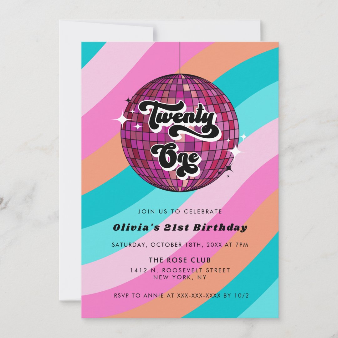 Retro Disco Ball Pink 21st Birthday Invitation | Zazzle
