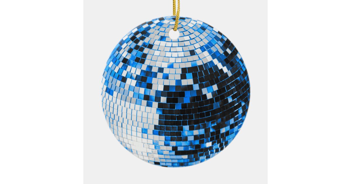 Retro disco ball sparkle glitter blue birthday ceramic ornament | Zazzle