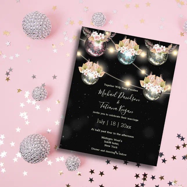 retro disco balls boho floral wedding invitation flyer | Zazzle