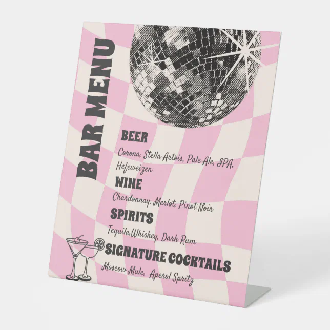 Retro Disco Birthday Bar Drinks Menu Pedestal Sign | Zazzle