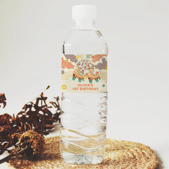 Retro Disco Roller Skate 1st Birthday Water Bottle Label | Zazzle