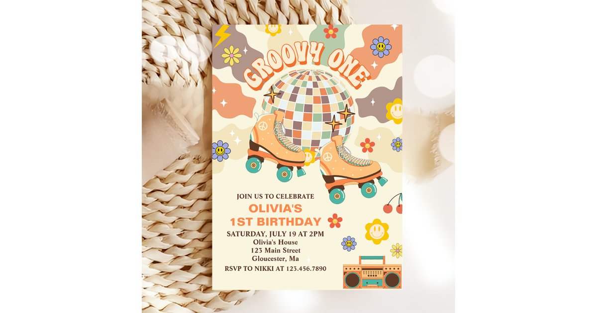 Retro Disco Roller Skate Groovy One 1st Birthday Invitation | Zazzle