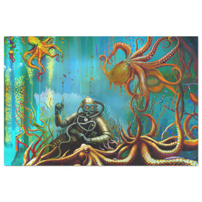 Retro Diver Metal Diving Suit Octopus Decoupage Tissue Paper | Zazzle