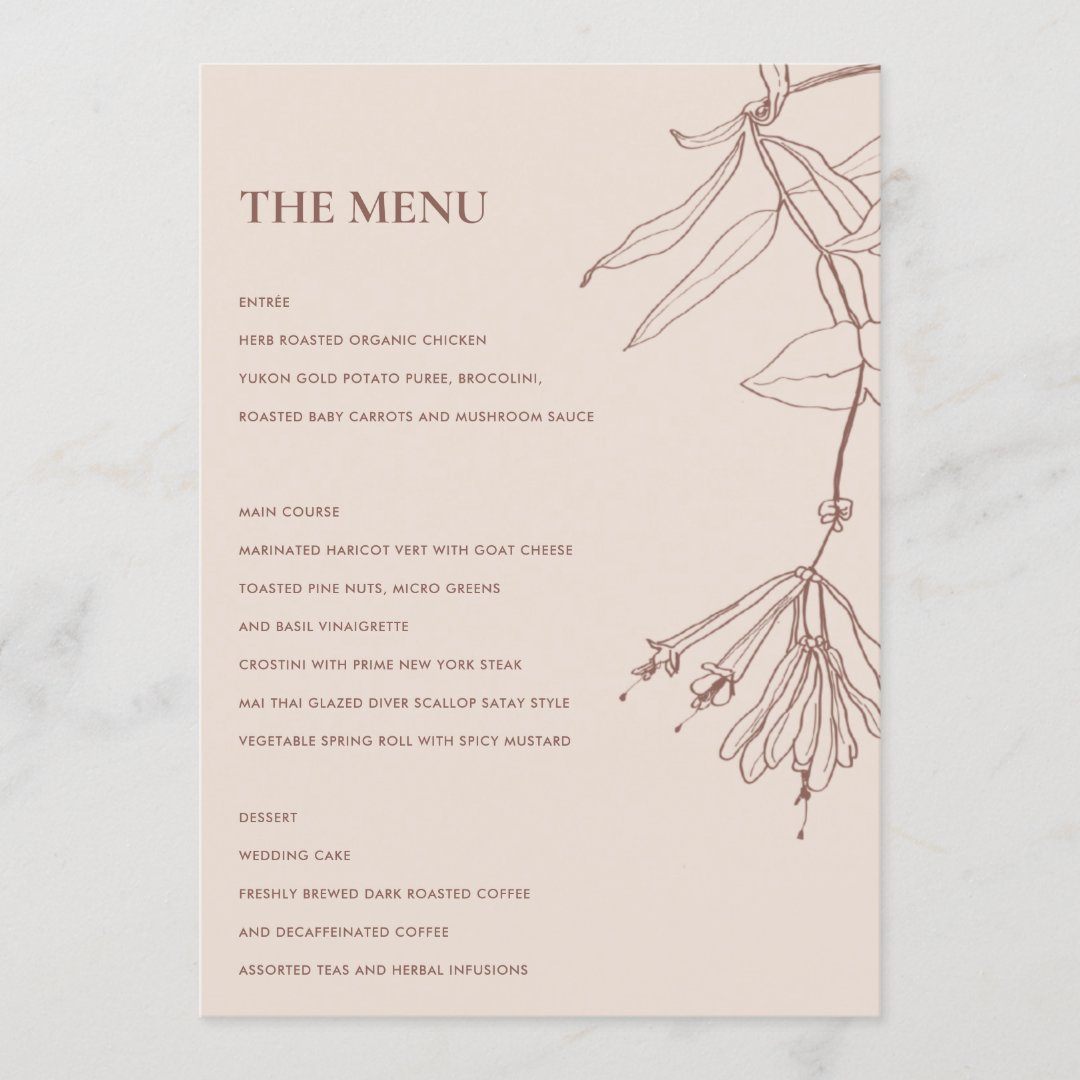 RETRO DUSKY BLUSH LINE DRAWING FLORAL MENU | Zazzle