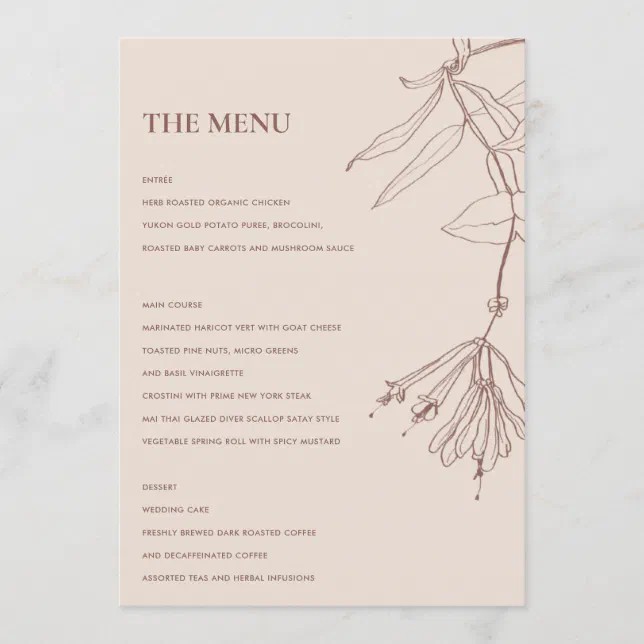 RETRO DUSKY BLUSH LINE DRAWING FLORAL MENU | Zazzle