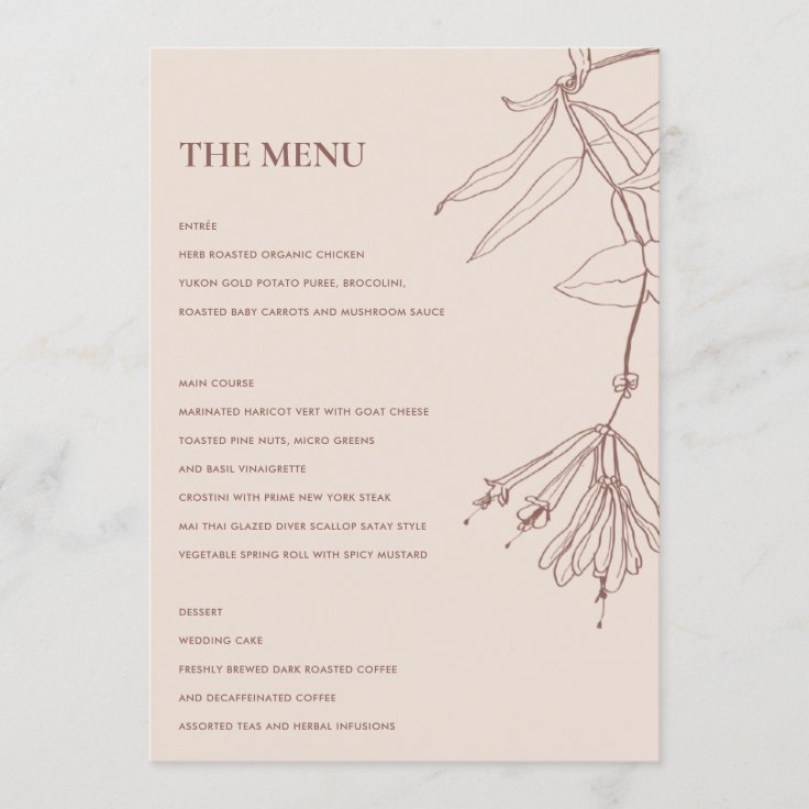 RETRO DUSKY BLUSH LINE DRAWING FLORAL MENU | Zazzle