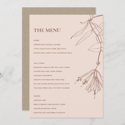 RETRO DUSKY BLUSH LINE DRAWING FLORAL MENU | Zazzle