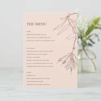 RETRO DUSKY BLUSH LINE DRAWING FLORAL MENU | Zazzle