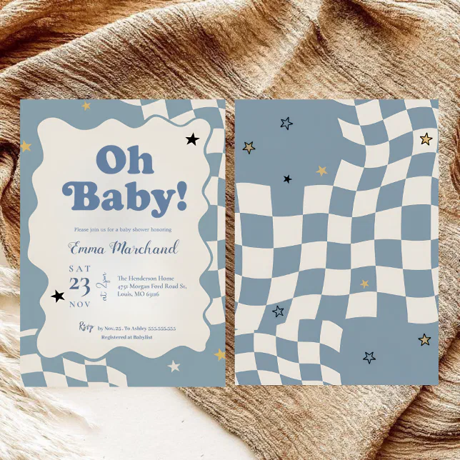 Retro Dusty Blue Checkered Oh Baby Baby Shower Invitation | Zazzle
