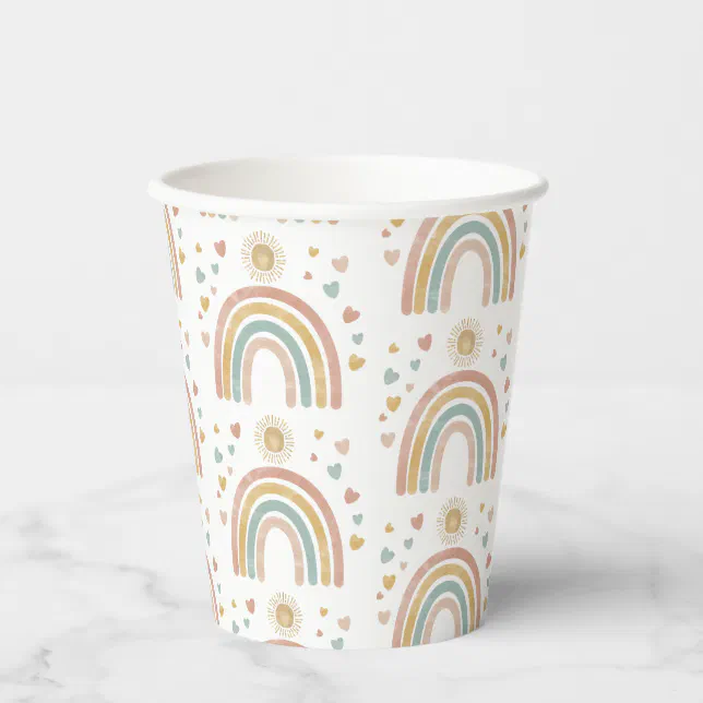 Retro Earthy Colors Watercolor Rainbow Sun Pattern Paper Cups | Zazzle