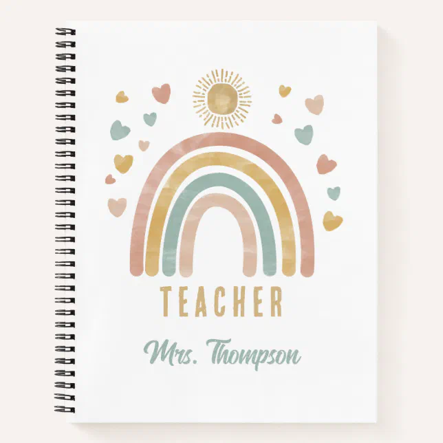 Retro Earthy Colors Watercolor Rainbow Sun Teacher Notebook | Zazzle