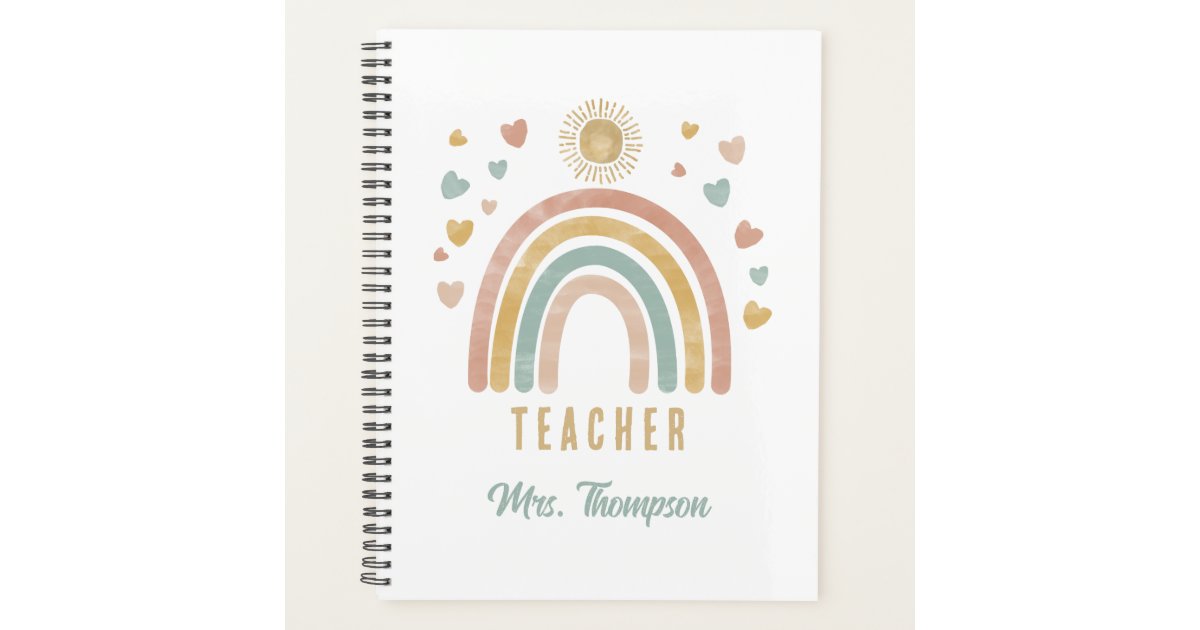 Retro Earthy Colors Watercolor Rainbow Sun Teacher Planner | Zazzle
