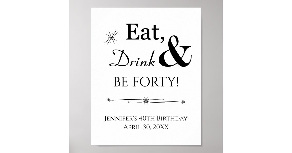 Retro Eat Drink and Be Forty 40th Birthday Sign | Zazzle