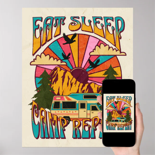Retro Eat Sleep Camp Repeat Poster | Zazzle