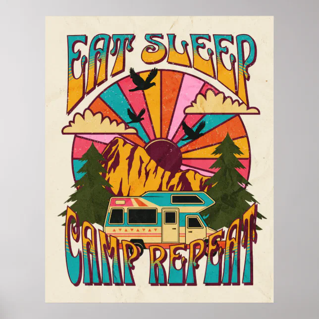 Retro Eat Sleep Camp Repeat Poster | Zazzle