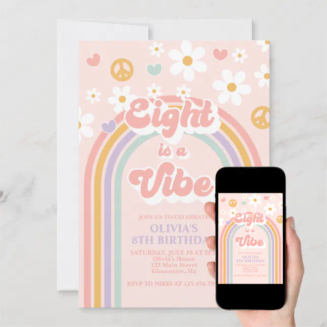 Retro Eight is a Vibe Rainbow 8th Birthday Invitation | Zazzle