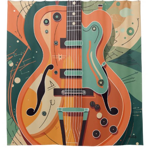 Retro Electric Guitar Illustration Shower Curtain | Zazzle