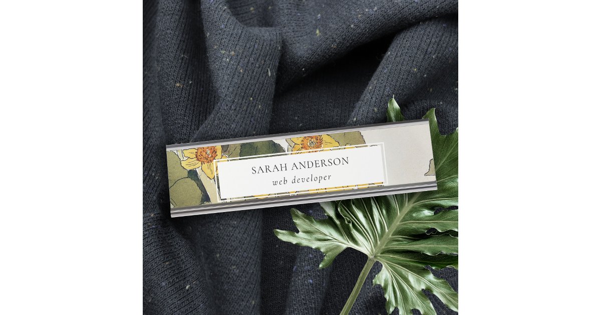 Retro Elegant Rustic Yellow Green Daffodil Floral Desk Name Plate | Zazzle
